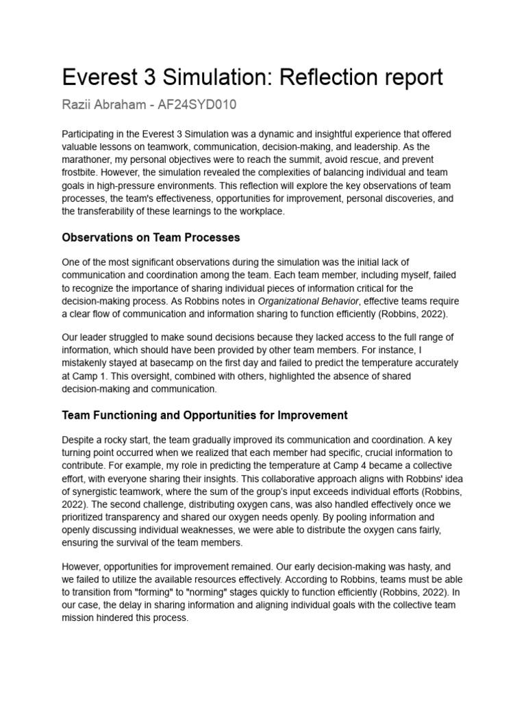 Razii Abraham - AF24SYD010 - Everest 3 Simulation - Reflection Report | PDF | Leadership ...
