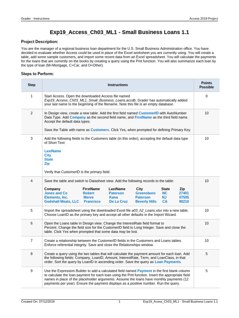 Exp19_Access_Ch03_ML1_Small_Business_Loans_Instructions | PDF | Microsoft Excel | Information ...