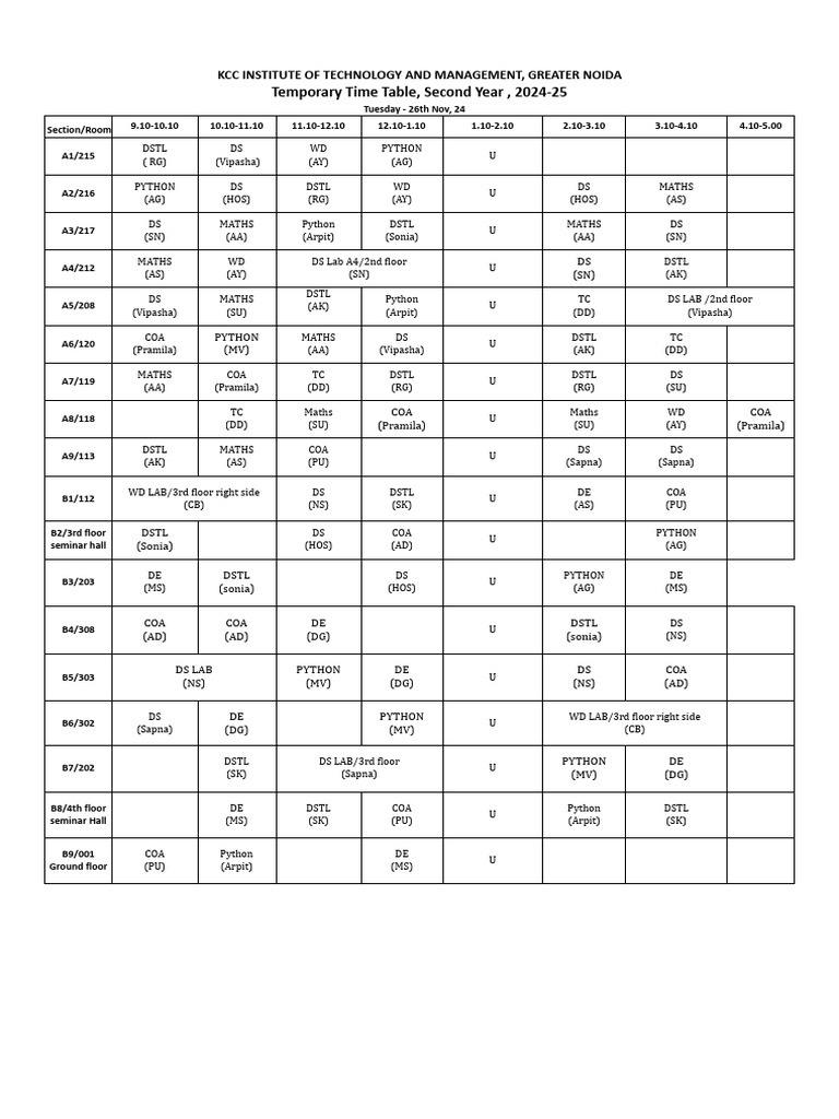KCC Tech Management Second Year Timetable | PDF