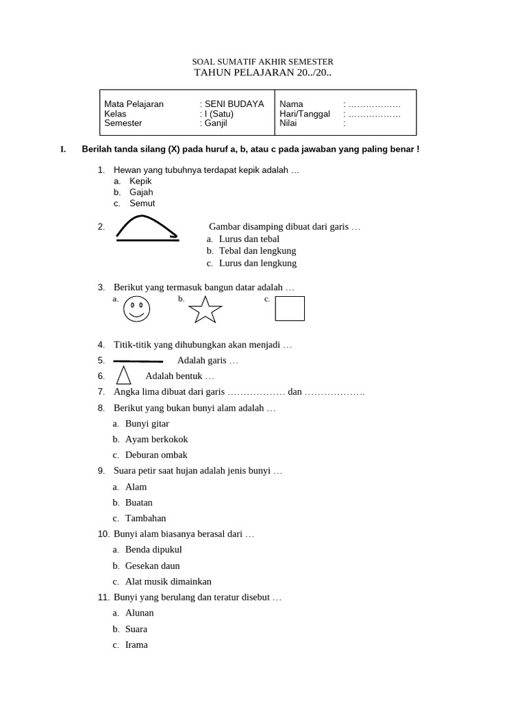 Soal SAS 1 SENI BUDAYA Kelas 1 | PDF