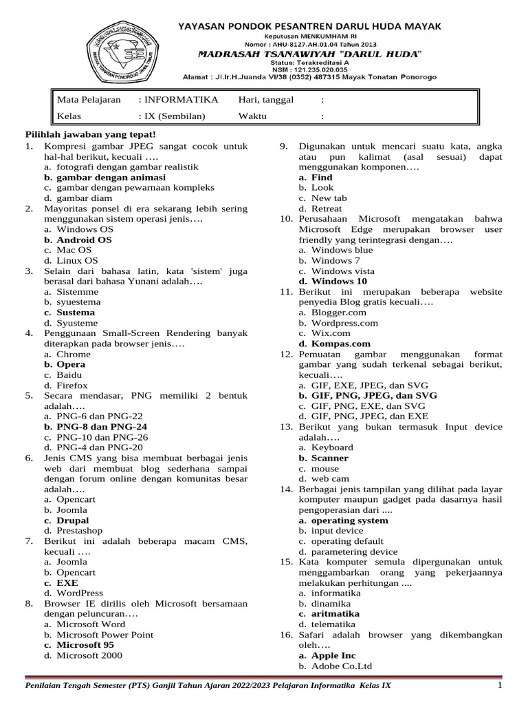 Soal PTS Informatika Kelas Ix - Ganjil - 2024 | PDF
