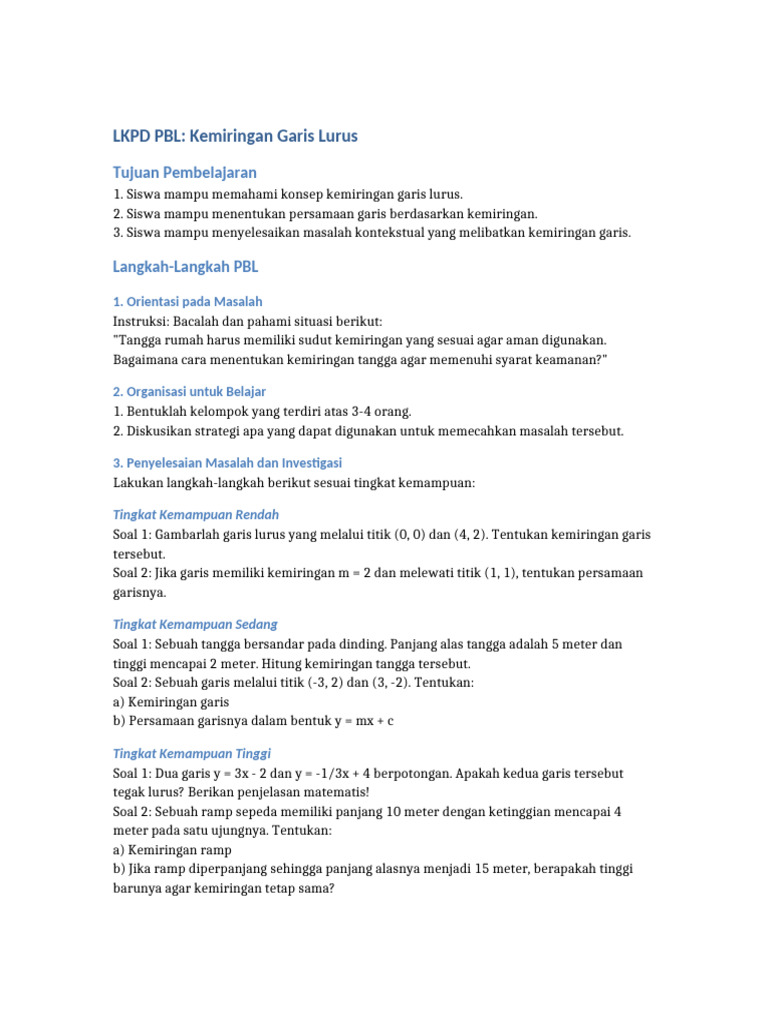 LKPD PBL Kemiringan Garis Lurus | PDF