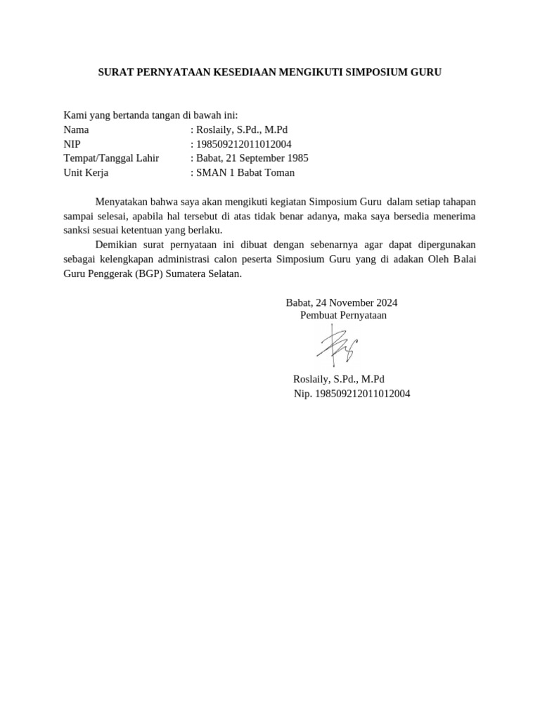 Surat Pernyataan Kesediaan Mengikuti Kegiatan | PDF