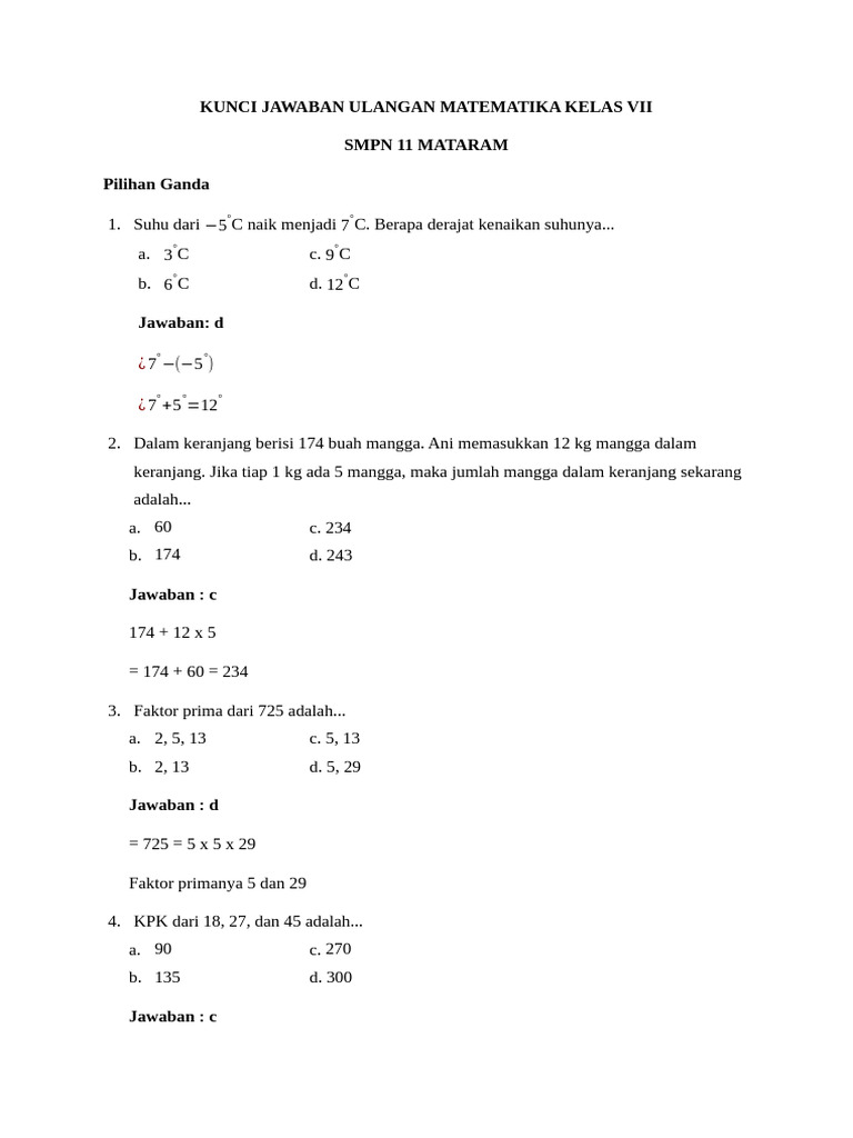 Kunci Jawaban Ulangan Matematika Kelas Vii | PDF