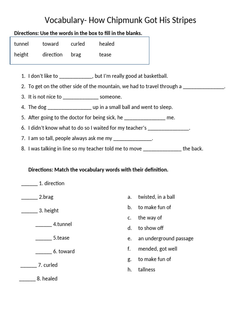 Vocabulary-How Chipmunk Got His Stripes: Directions: Use The Words in ...