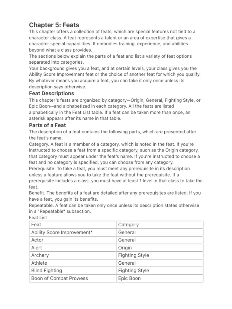 2024 PHB plaintext Chapter 5: Feats | PDF