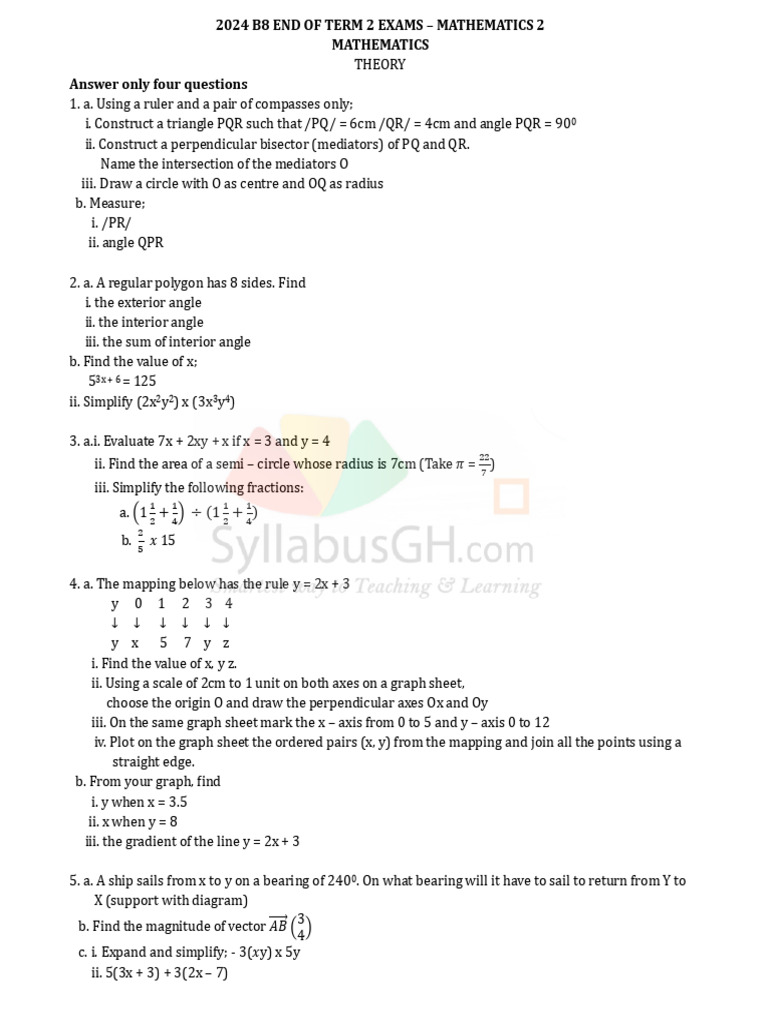 2024 B8 E of Term 2 Exams - Mathematics 2 | PDF