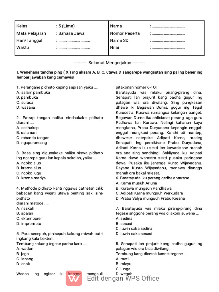 Soal Sas B.jawa Kelas 5 | PDF