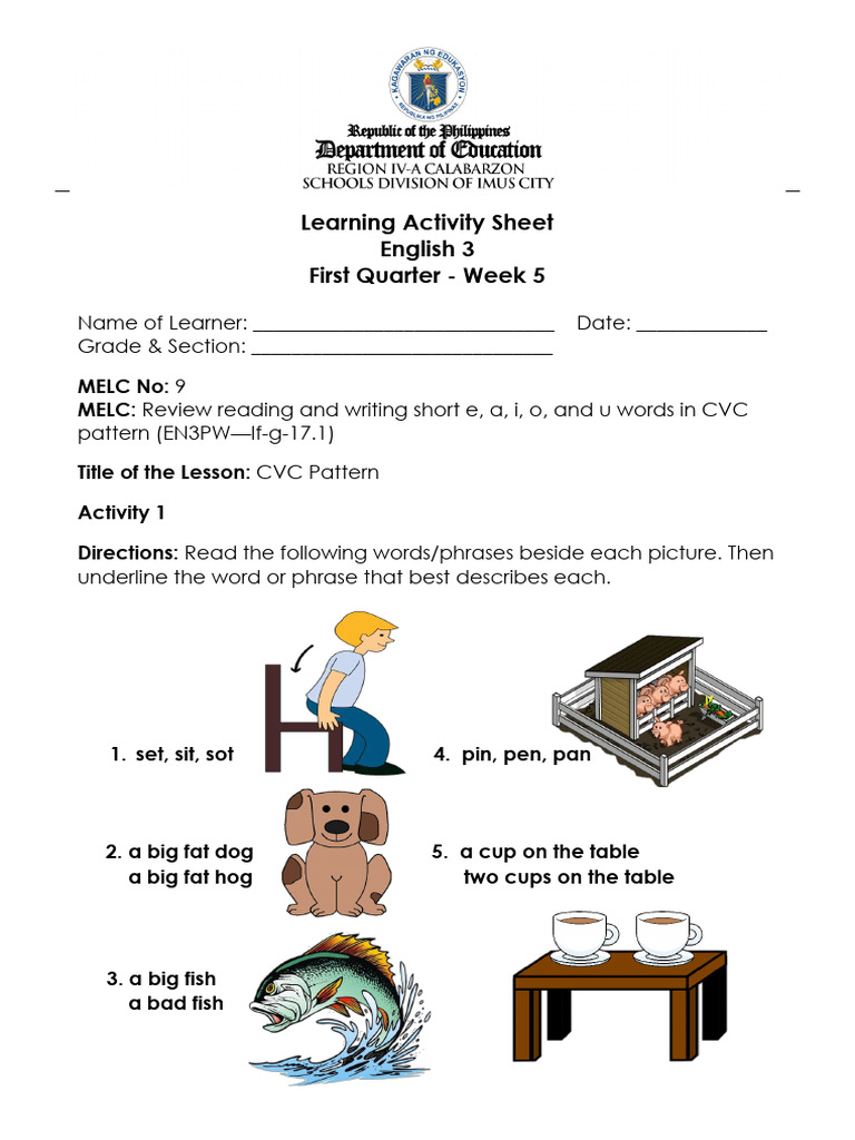 CVC Pattern Activities for English 3 | PDF