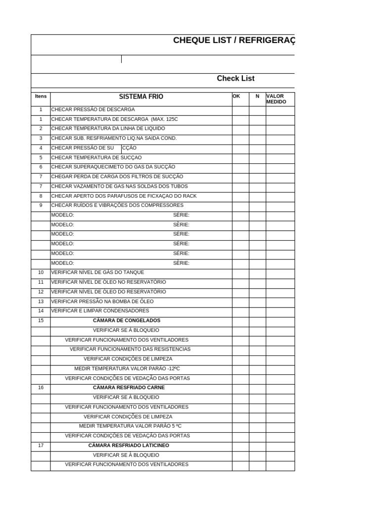Modelo Check List Refrigeracao | PDF | Refrigeração | Gases