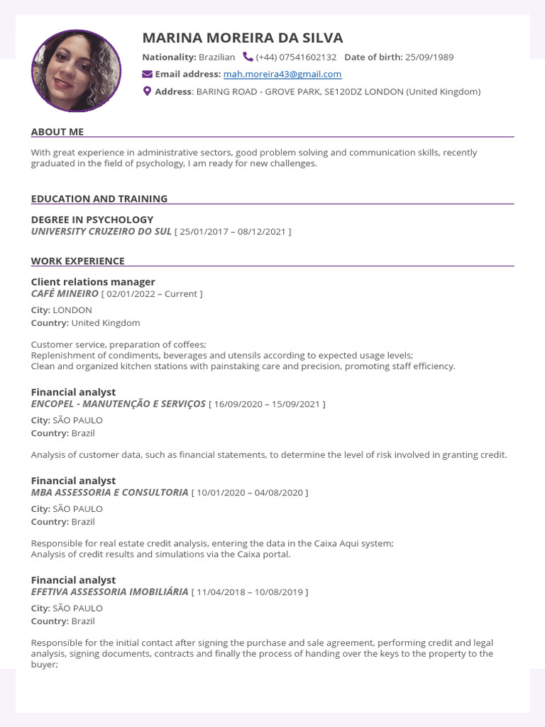 Currículo Marina Moreira | PDF | Financial Analyst