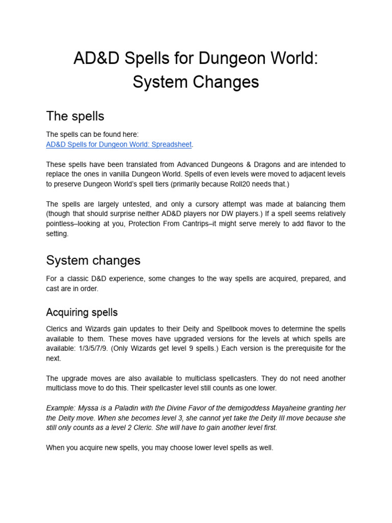 AD&D Spells For Dungeon World - System Changes | PDF | Dungeons ...