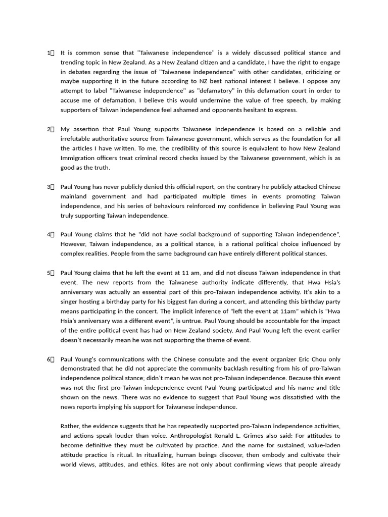 BRIEF OF EVIDENCE Morgan Xiao | PDF | Taiwan | Defamation