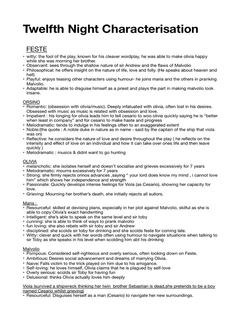 Twelfth Night Character Analysis | PDF | Twelfth Night