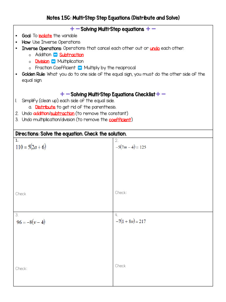 Notes 1.5C Distribute and Solve Equations | PDF
