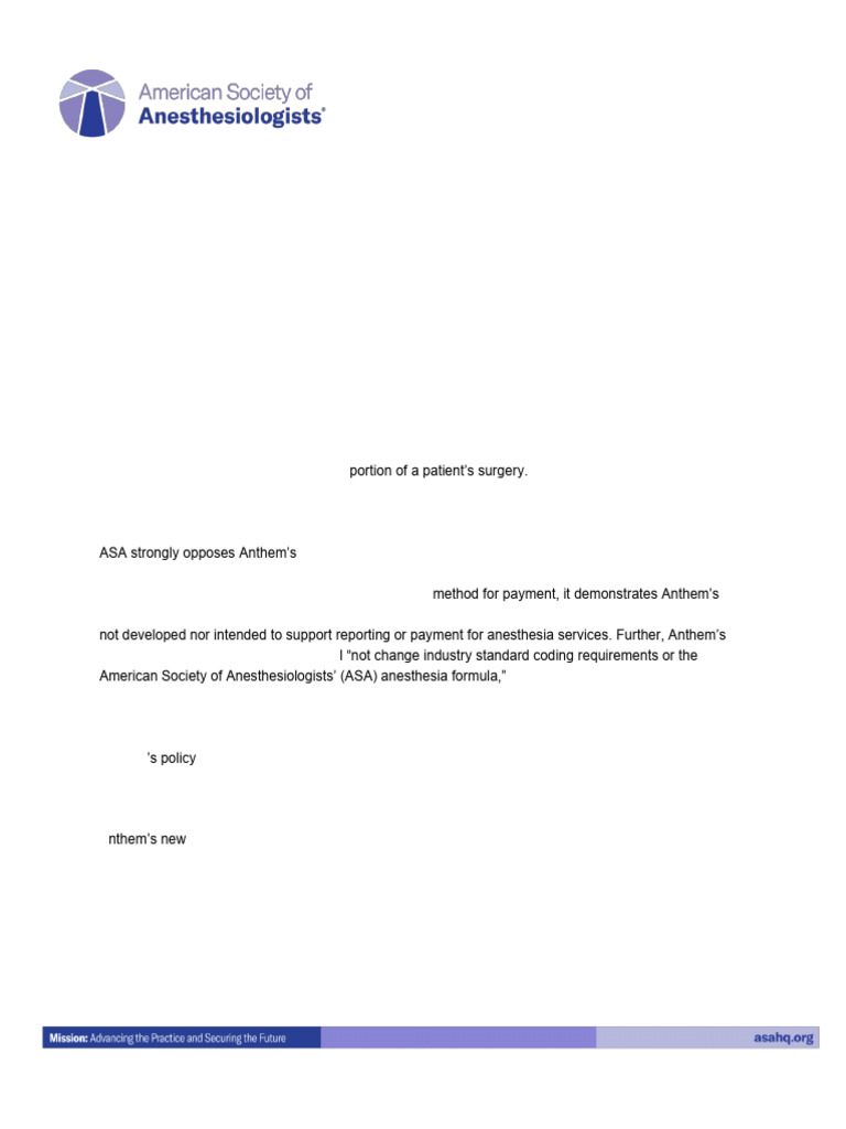 ASA Urges Anthem to Reconsider Billing Policy | PDF | Anesthesia | Surgery