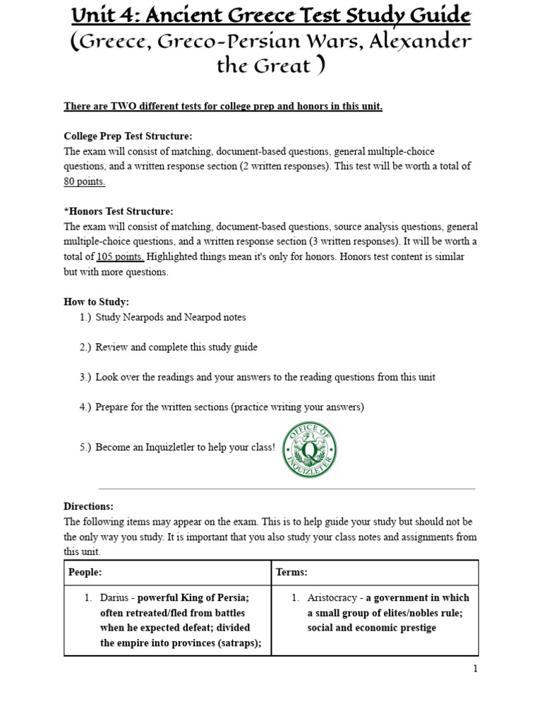Ancient Greece Test Study Guide | PDF | Achaemenid Empire | Alexander ...
