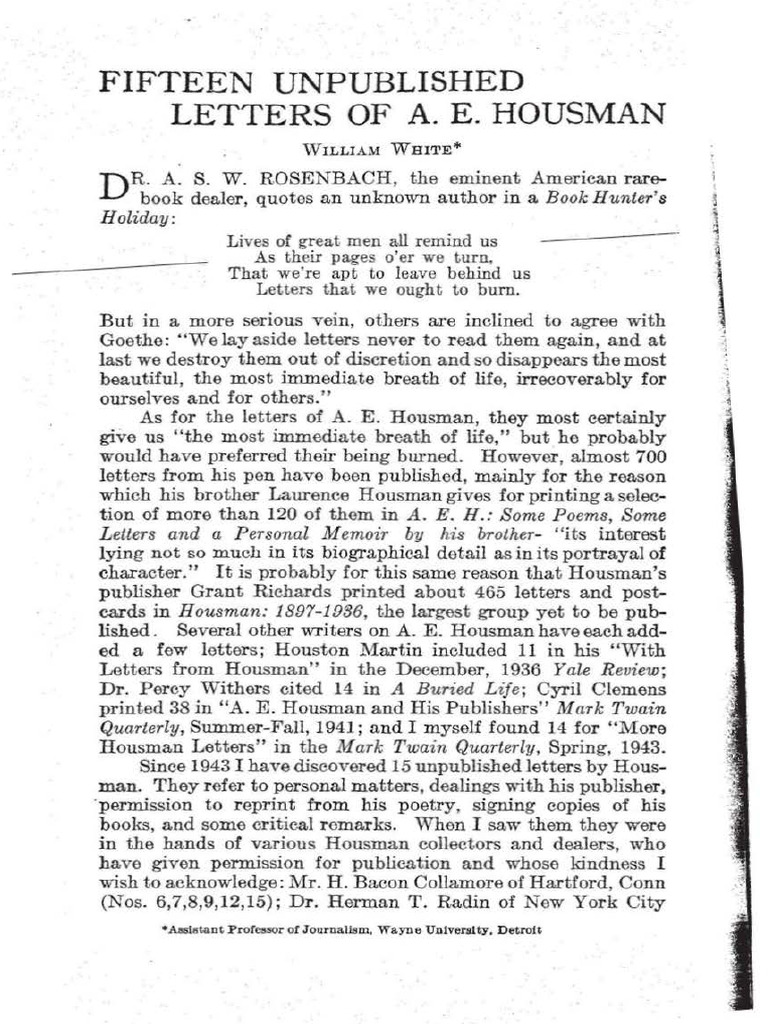 FIFTEEN UNPUBLISHED LETTERS OF A. E. HOUSMAN | PDF | Poetry FIFTEEN UNPUBLISHED LETTERS OF A. E. HOUSMAN | PDF | Poetry