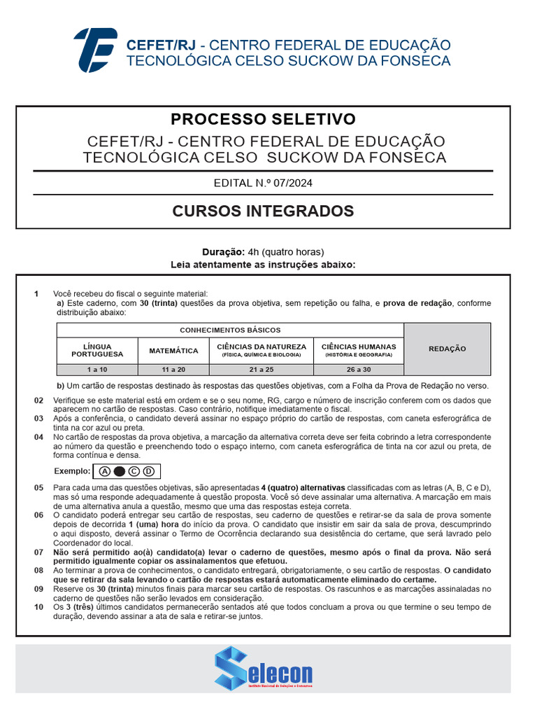 Instruções para Provas CEFET/RJ 2024 | PDF | Martinho Lutero | Adolescência