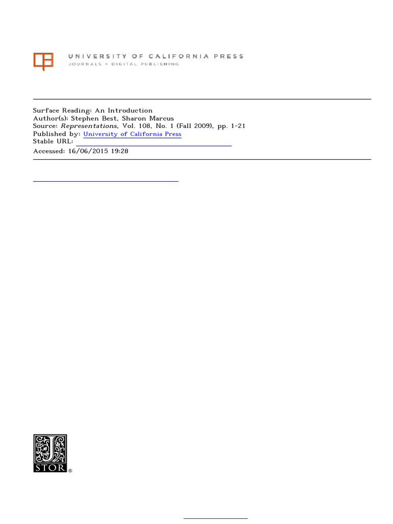 2009 (Stephen Best, Sharon Marcus) Surface Reading - An Introduction ...