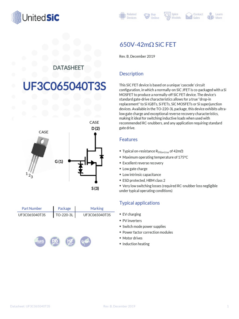650V SiC FET UF3C065040T3S Datasheet | PDF | Field Effect Transistor | Electrical Components