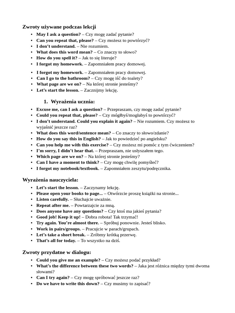 Zwroty Używane Podczas Lekcji Po Angielsku | PDF