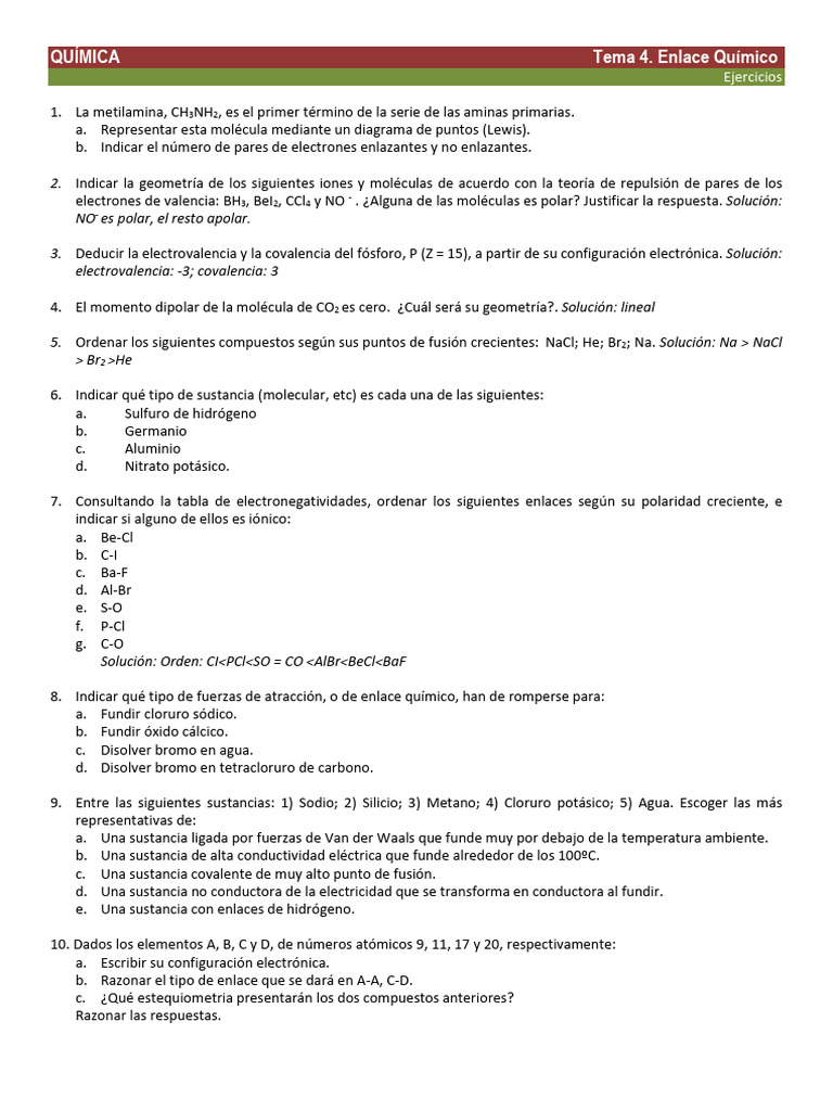 EJERCICIOS TEMA 4(1) | PDF | Polaridad química | Enlace covalente