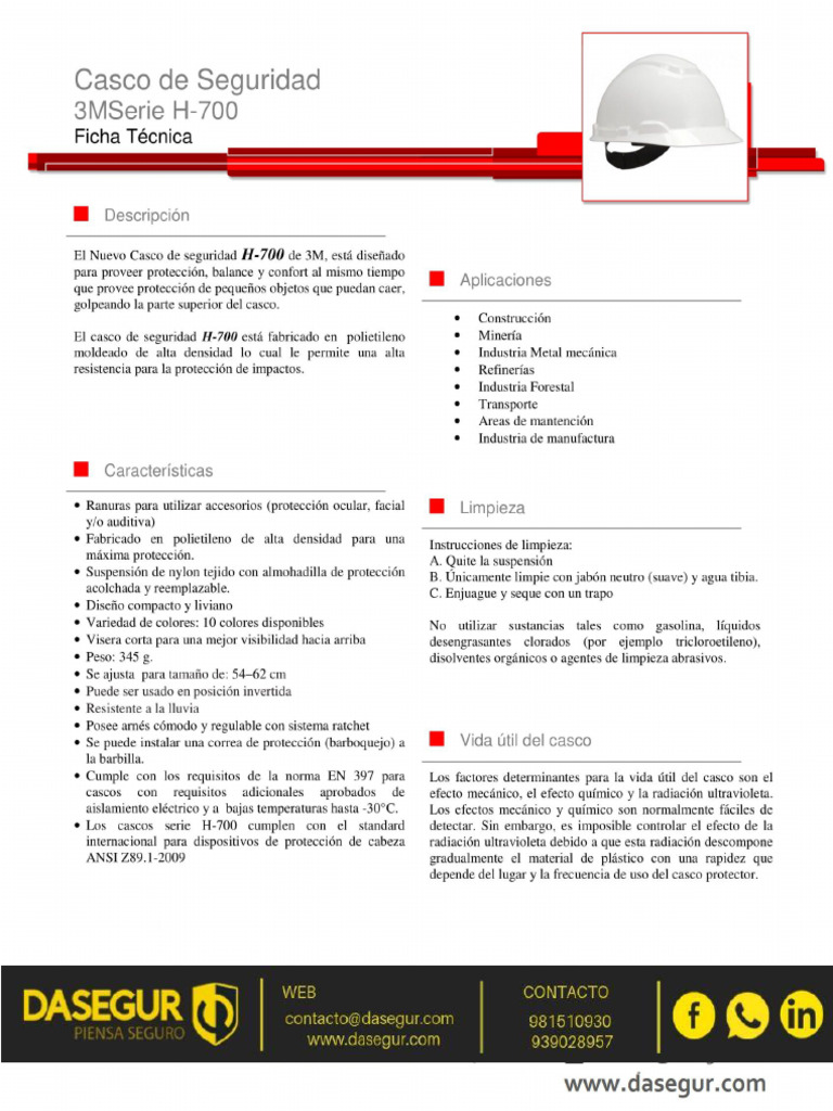 FICHA-TECNICA-CASCO-3M-SERIE-H-700-DASEGUR | PDF | Casco