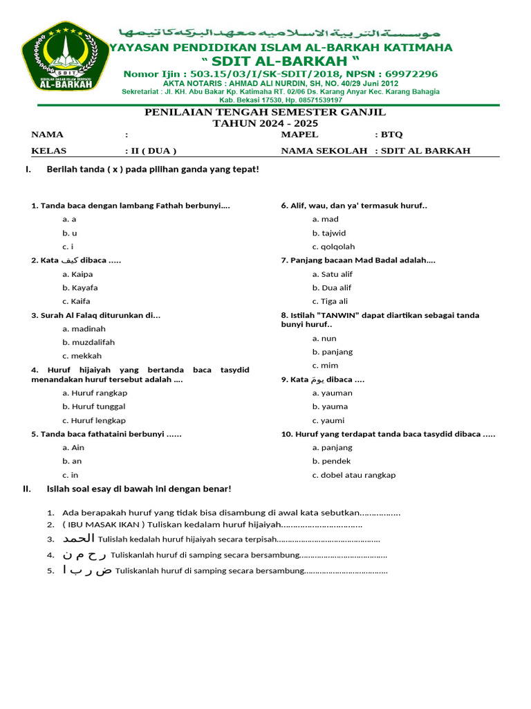 Soal Btq Kelas 2 Dua | PDF