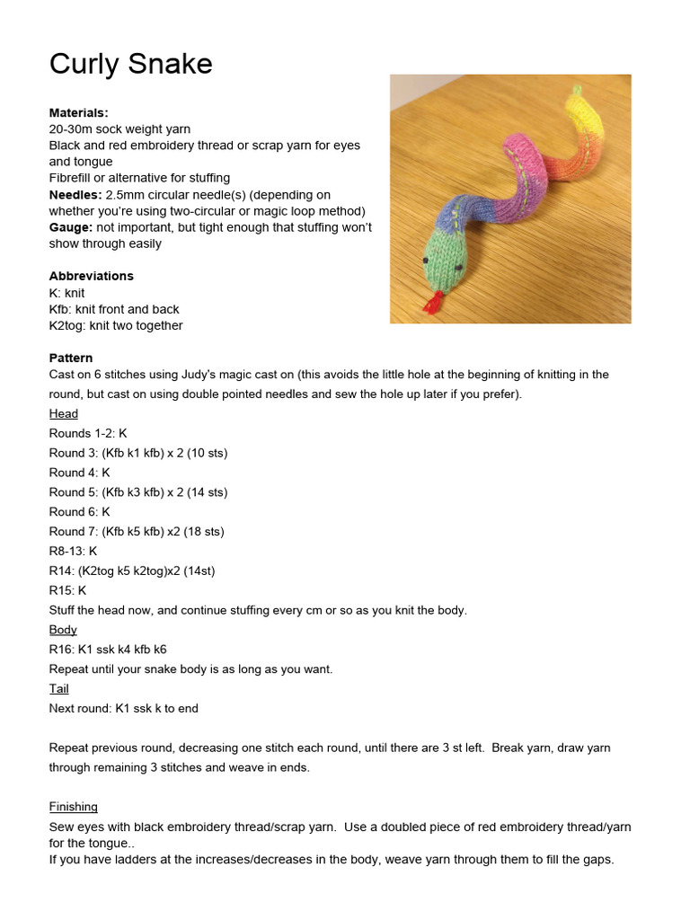 Curly Snake Knitting Pattern Guide | PDF