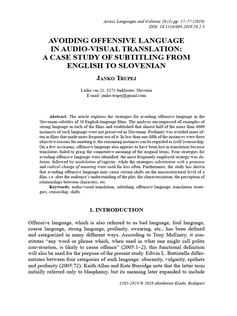 Avoiding Offensive Language in Audio-Visual Translation English To ...