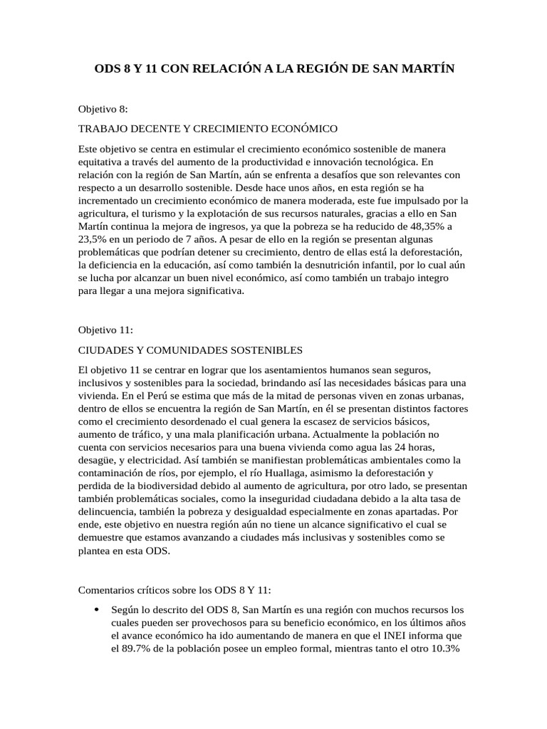 LOS ODS 8 Y 11 Y La PROBLEMATICA EN LA REGIÓN DE SAN MARTÍN | PDF | Sustentabilidad | Pobreza