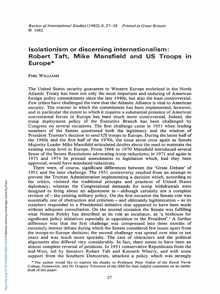Isolationism or Discerning Internationalism Robert Taft Mike Mansfield ...