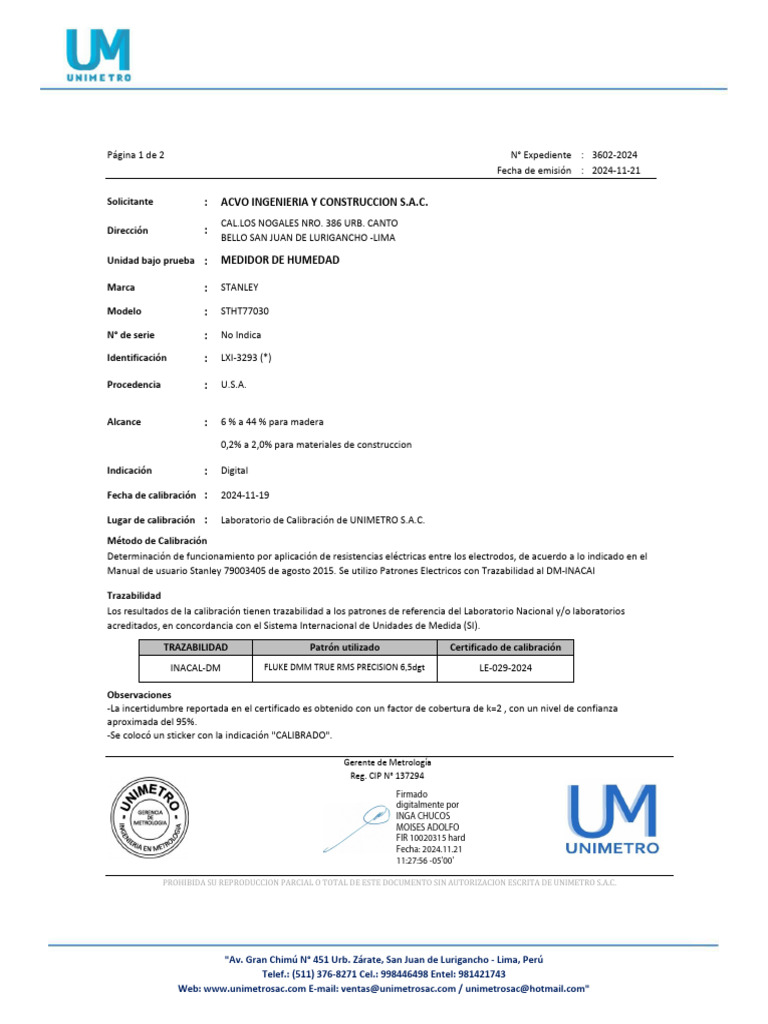 Cert. Calib. Medidor de Humedad | PDF | Calibración | Metrología