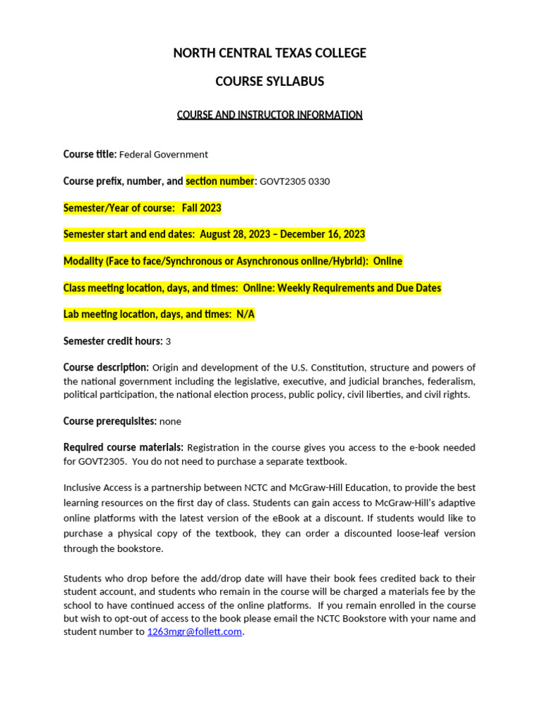 GOVT2305 0330 Syllabus Fall 2023 | PDF | Academic Dishonesty | Turnitin
