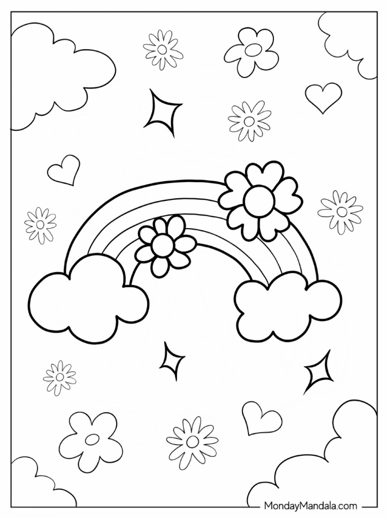 Spring Rainbow With Flowers Coloring Page For Preschoolers | PDF