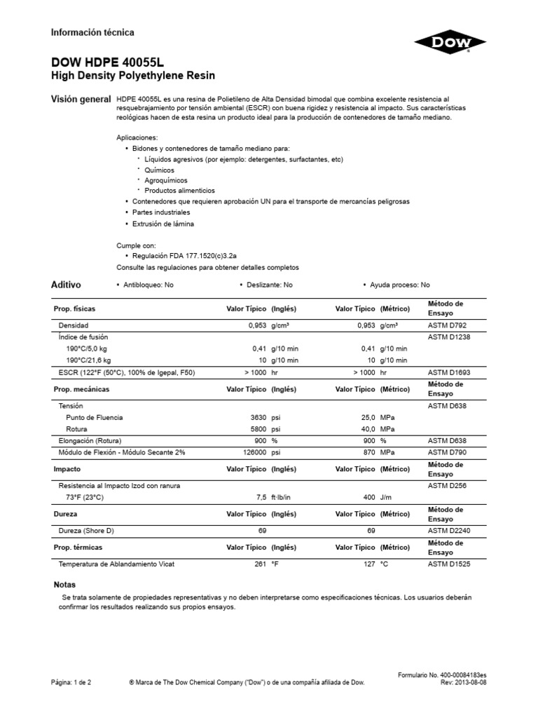 02 - DRIVEN Ficha Tecnica HDPE DOW | PDF | Marcapasos cardíacos artificiales