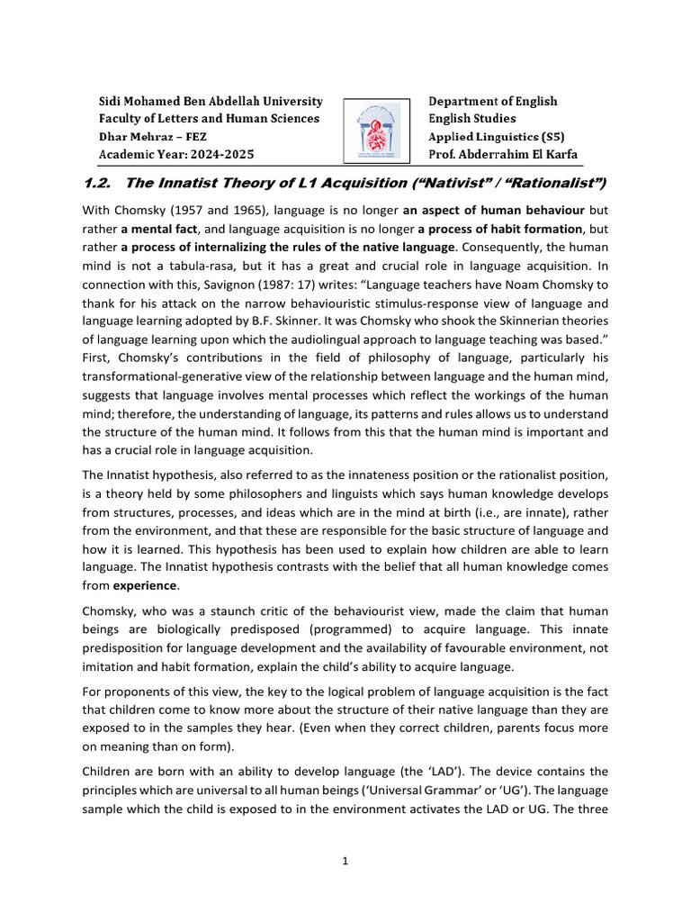 7 - Al - The Innatist Theory | PDF | Language Acquisition ...