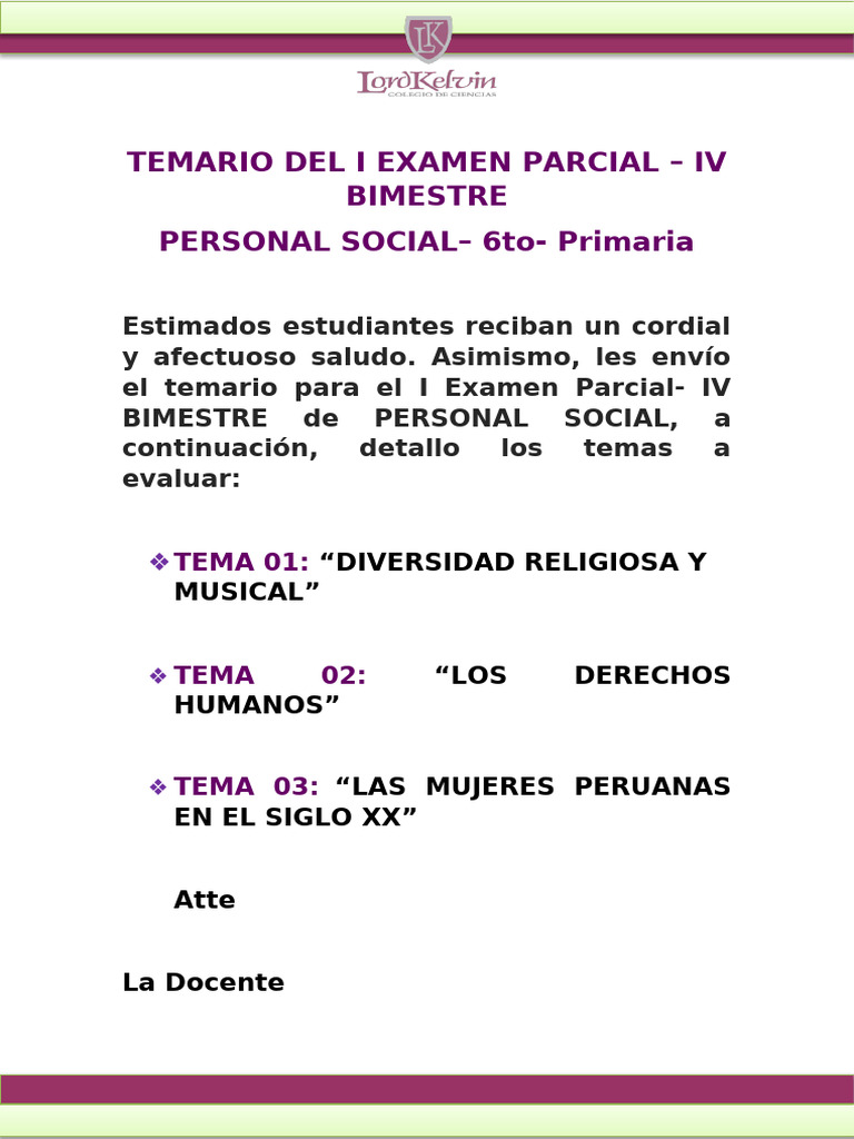 Temario Examen Parcial - Iv Bimestre 6primaria2024 | PDF