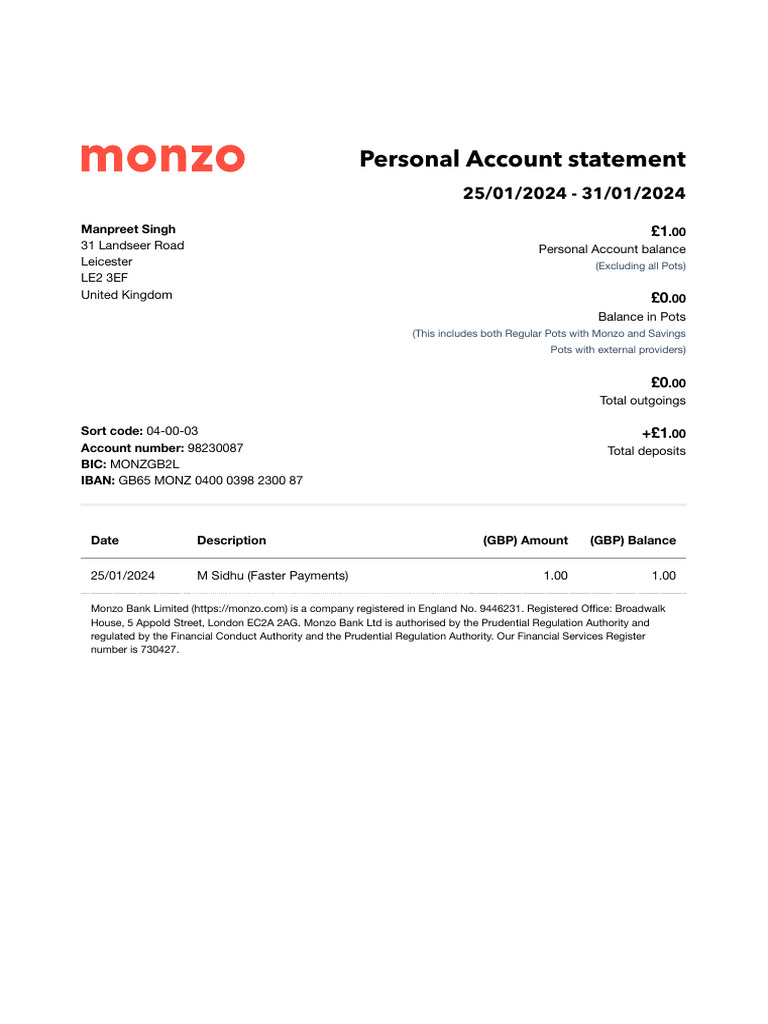 Monzo Personal Account Statement 01/2024 | PDF | Money | Personal Finance
