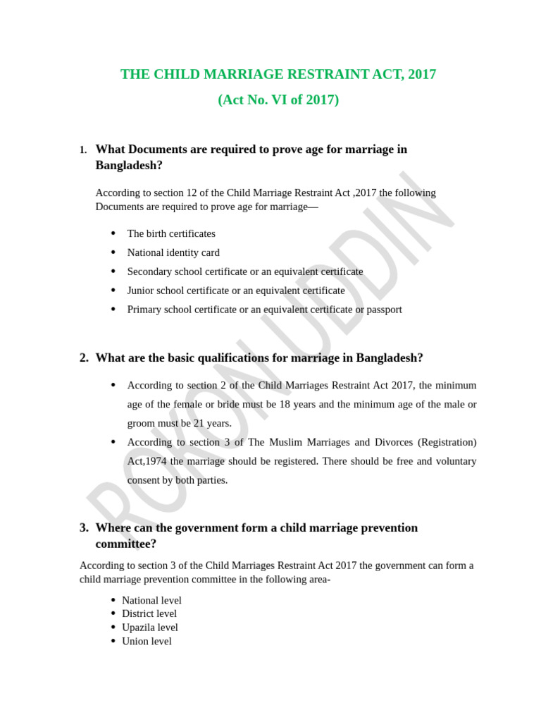 Bangladesh Child Marriage Restraint Act 2017 | PDF | Marriage | Child ...