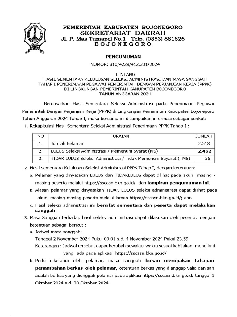 Pengumuman Hasil Seleksi Administrasi Dan Masa Sanggah Penerimaan PPPK Pemkab Bojonegoro Tahun ...