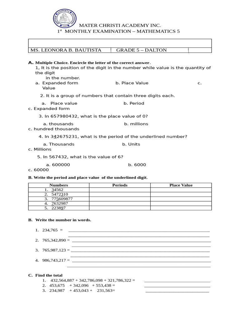 1st Monthly Exaination - M5 | PDF