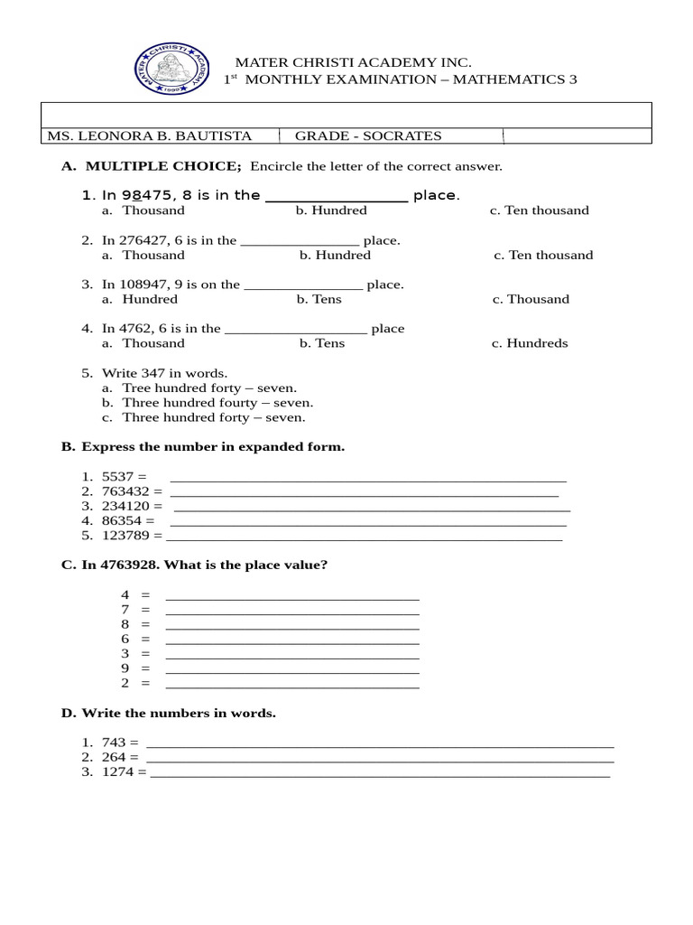 1st Monthly Examination - M2 | PDF