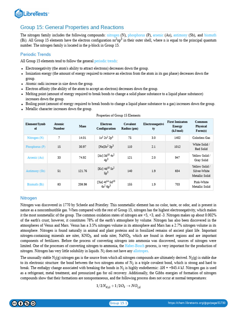 1group 15 General Properties and Reactions | PDF | Nitrogen | Phosphorus