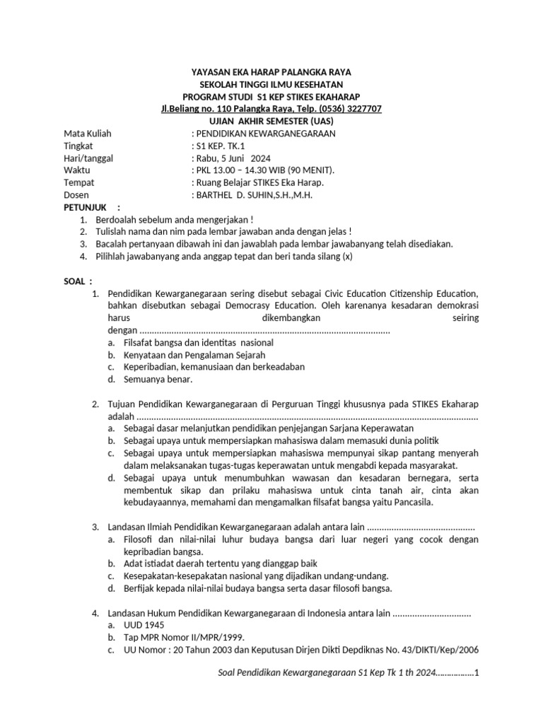 Soal Ujian Uas PDDK KW s.1 Tk.1 Kep 2024 | PDF