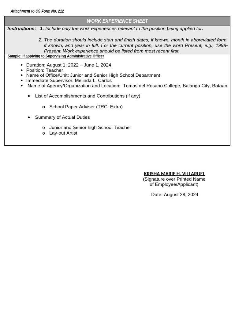 CS Form No. 212 Attachment - Work Experience Sheet | PDF