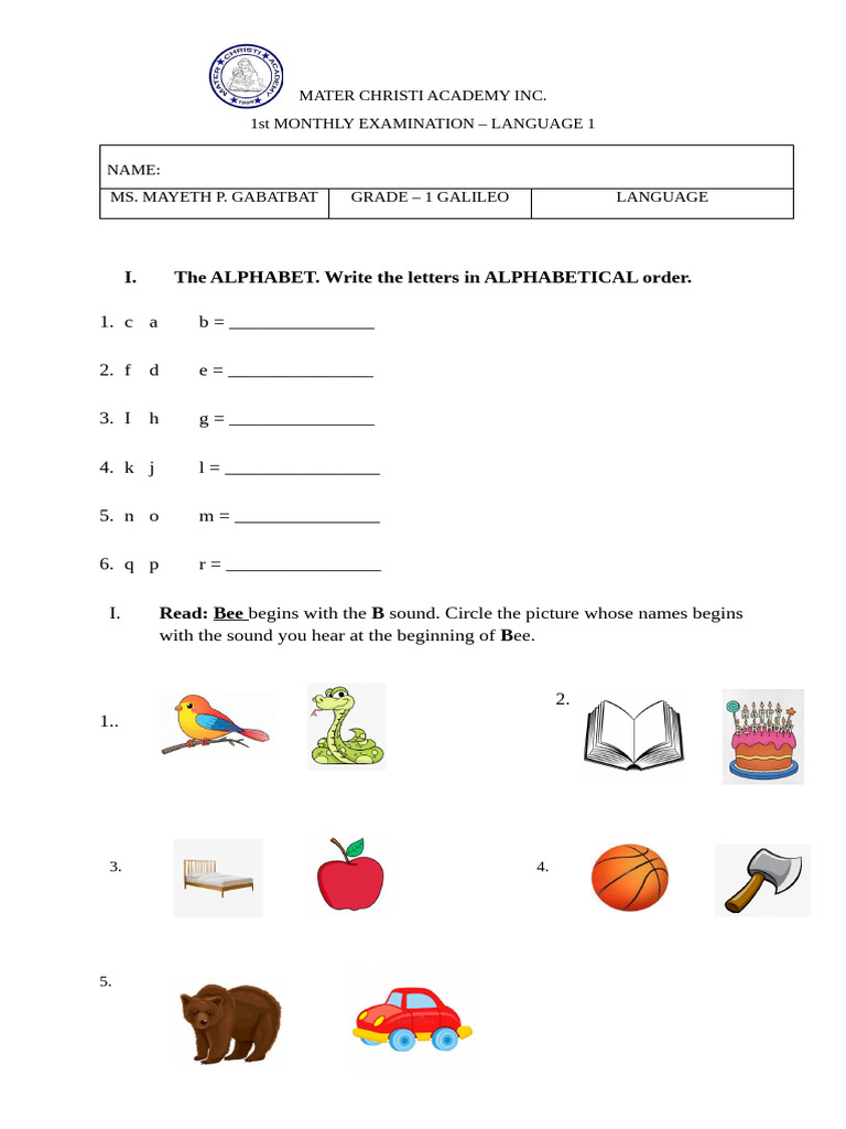 Grade 1 Exam - Language | PDF