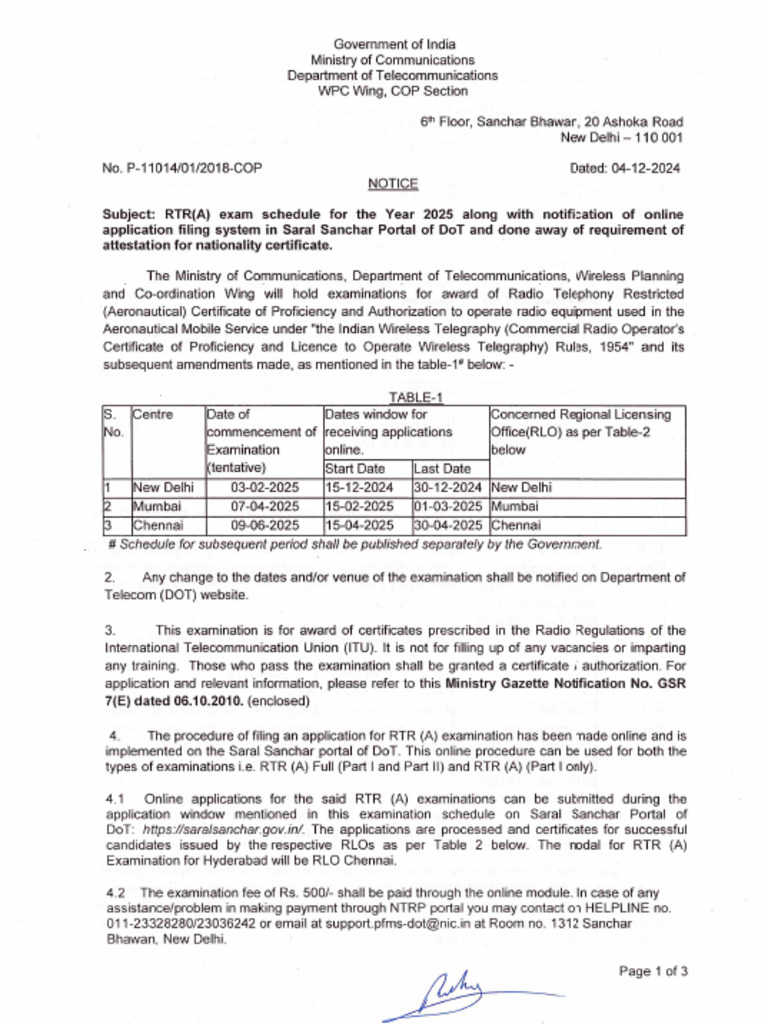 RTR (A) Exam Schedule For The Year 2025 | PDF