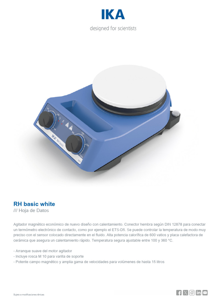 Hoja - de - Datos - RH - Basic - White AGITADOR MAGNETICO IKA | PDF | Temperatura | Sensor